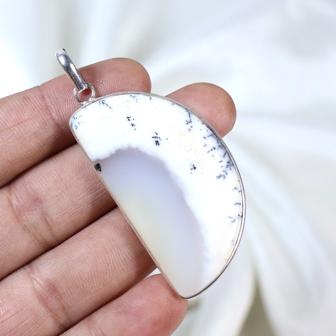 White Dendrite Opal Stone Pendant, Sterling Silver Pendant Jewelry ...