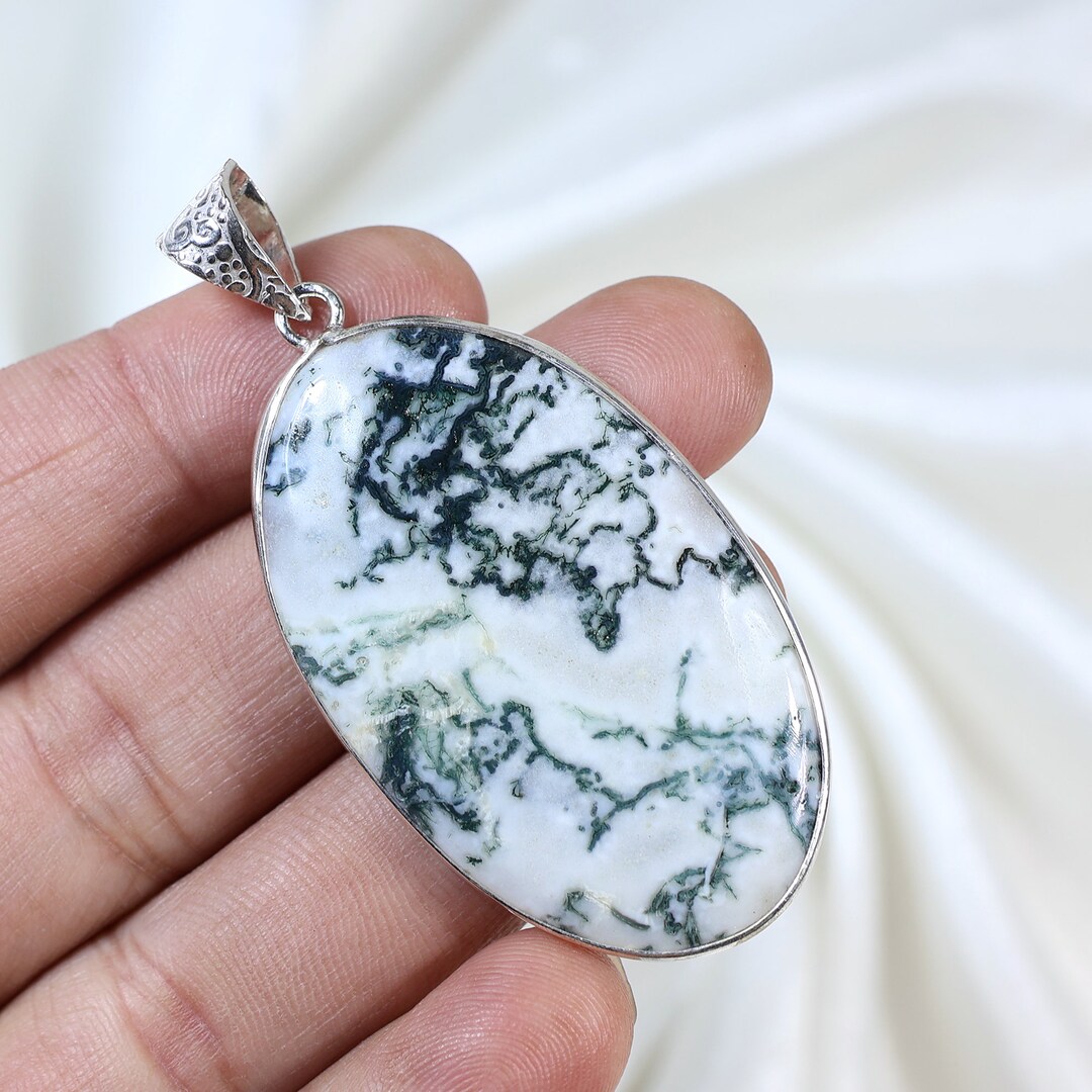 Natural Tree Agate Pendant, Silver Pendant, Bezel Pendant, Oval Pendant ...