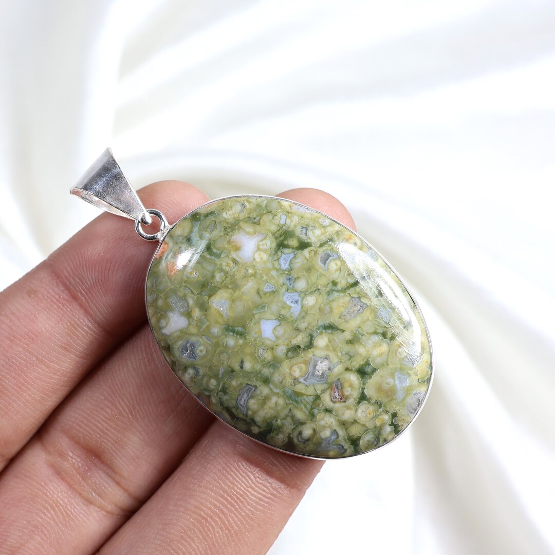 Natural Rainforest Jasper Pendant, Sterling Silver Pendant, Oval Shape ...