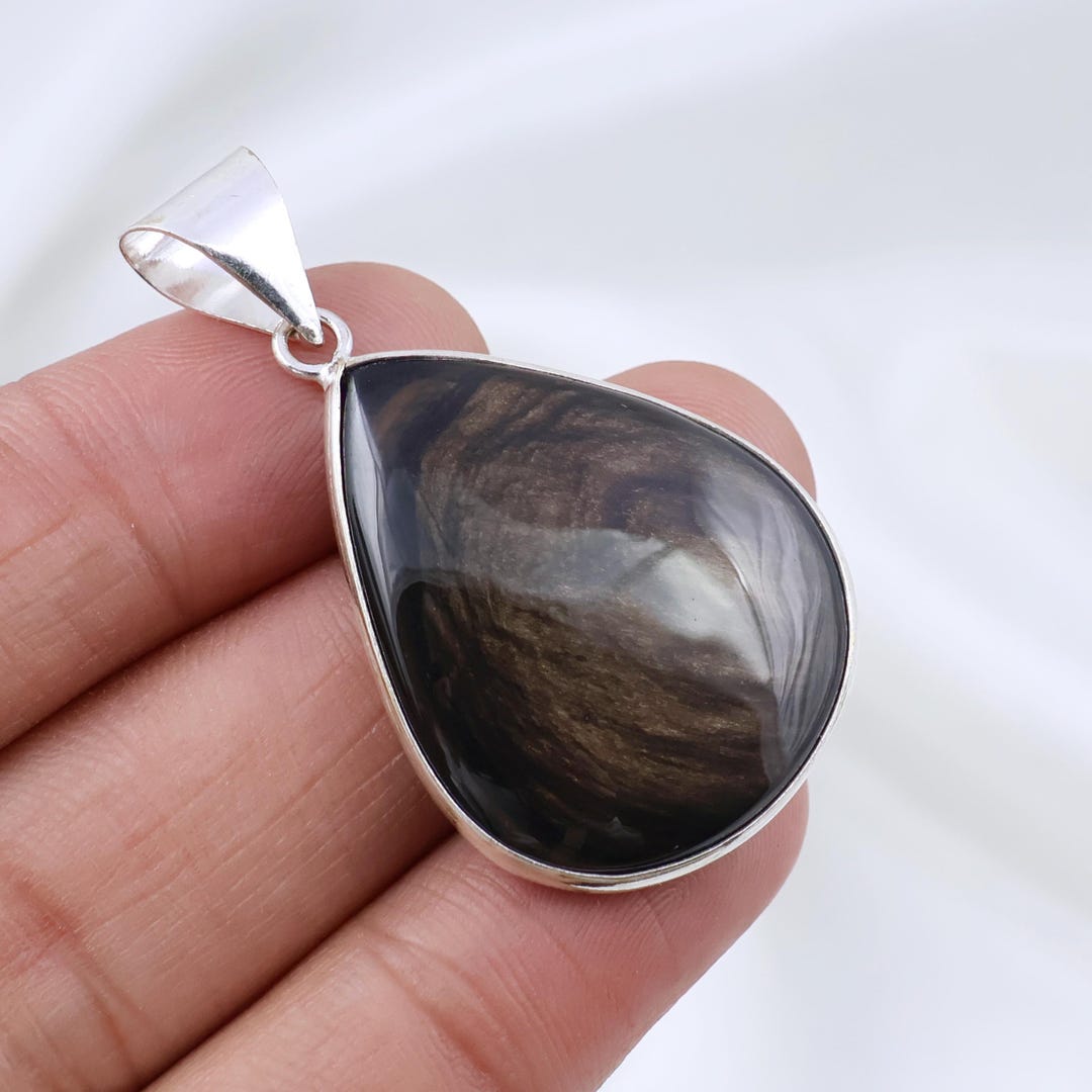 Copper Obsidian Pendant, Bezel Pendant, Sterling Silver Pendant, Pear ...