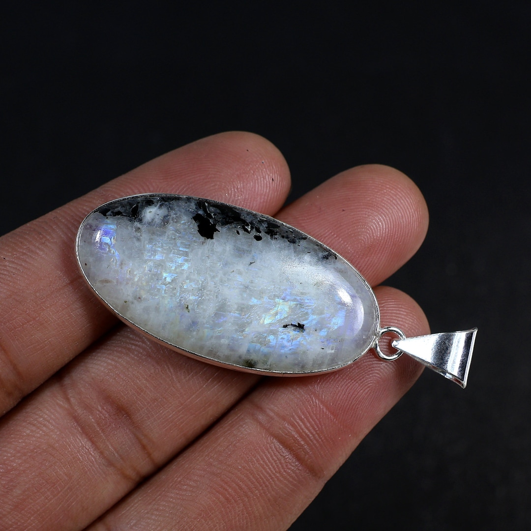 Natural Flash Moonstone Pendant, Silver Plated Pendant, Oval Shape Pendant, Crystal Moonstone ...