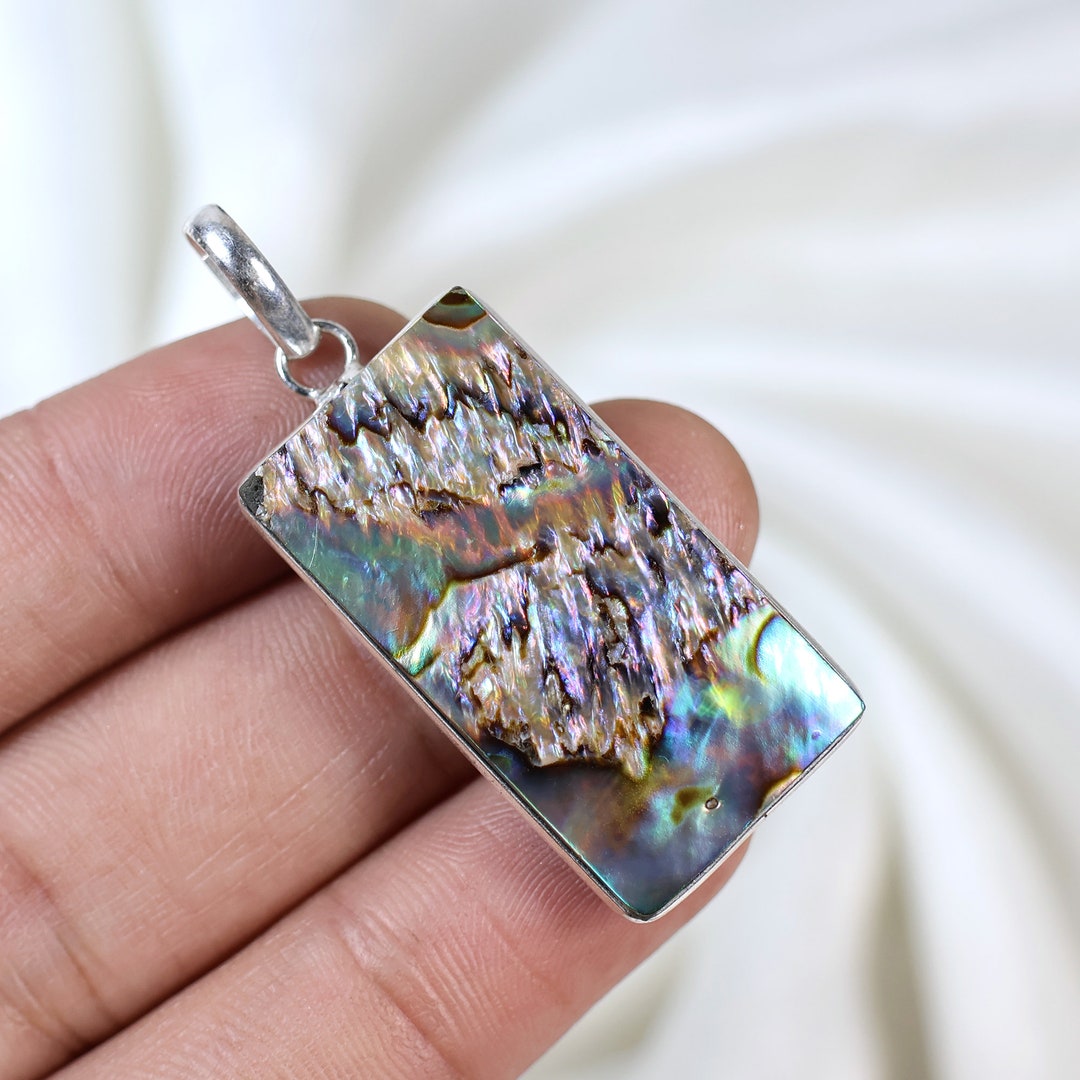 Rare Abalone Shell Pendant Necklace, Silver Plated Pendant Rectangle ...