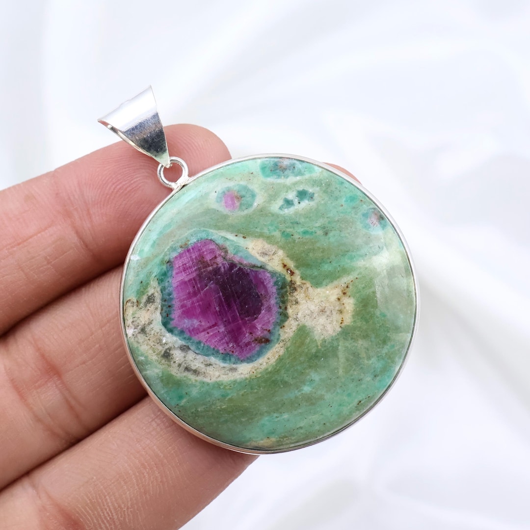 Natural Ruby Fuchsite Gemstone Pendant, Silver Sterling Pendant, Round ...