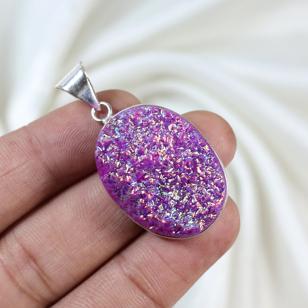 Pink Titanium Druzy Pendant, Oval Shape Pendant, Beautiful Titanium ...