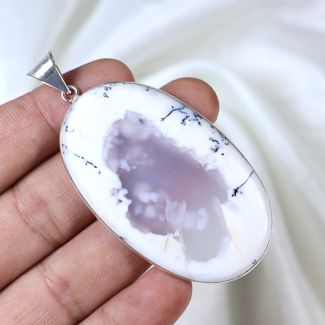 100% Natural Dendrite Opal Pendant, Silver Pendant, Top Precious Dendrite Pendant, White ...