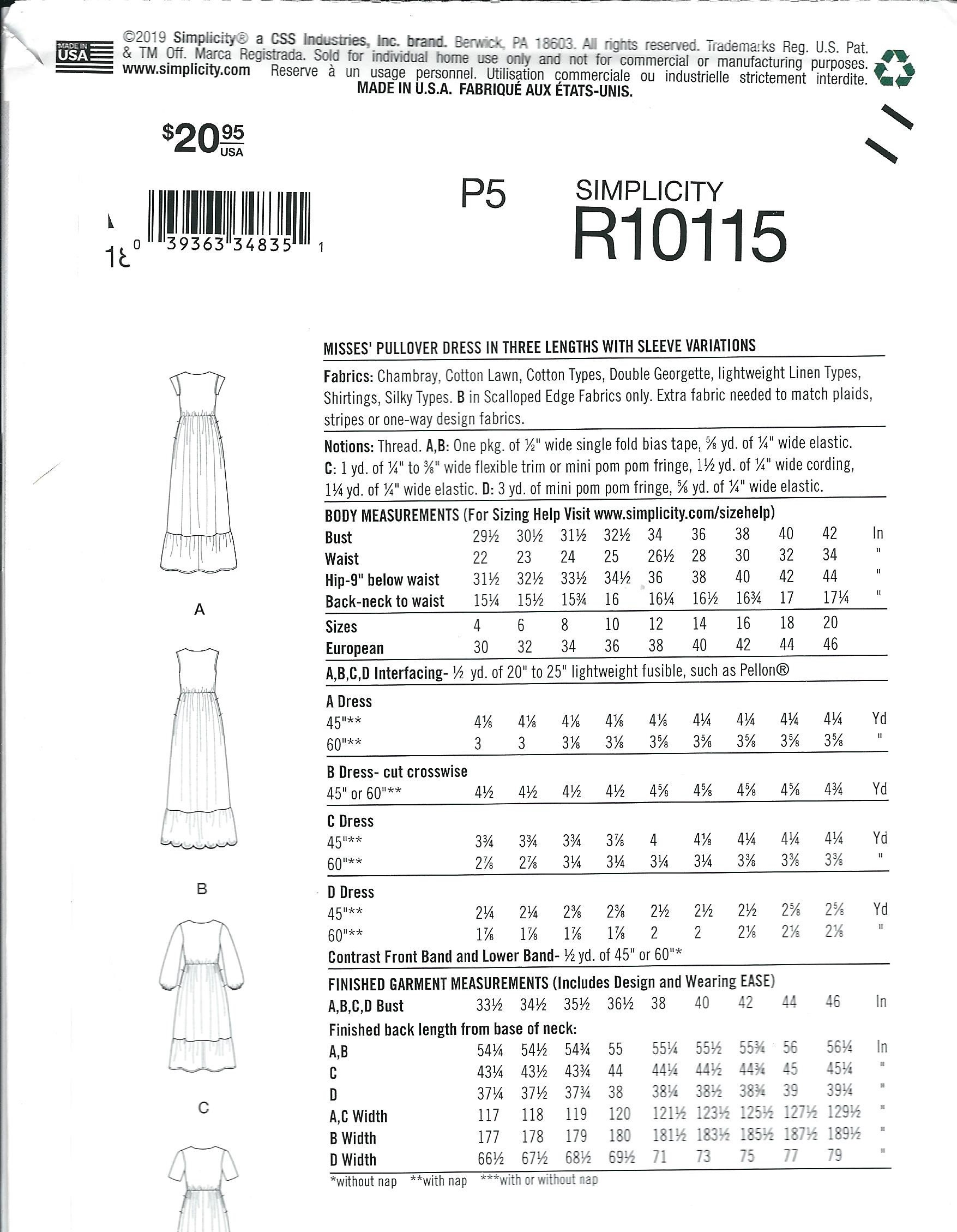 Simplicity R10115 / 8872 Misses Pullover Dress in Three Lengths W ...