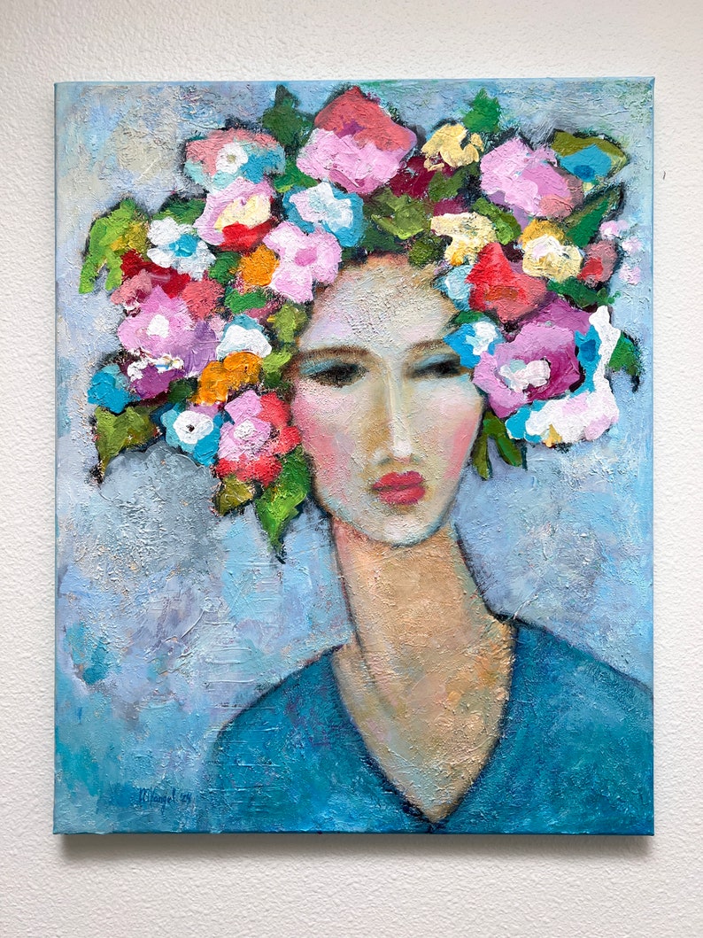 Abstract Woman Portrait With Floral Crown Heavy Texture Original
