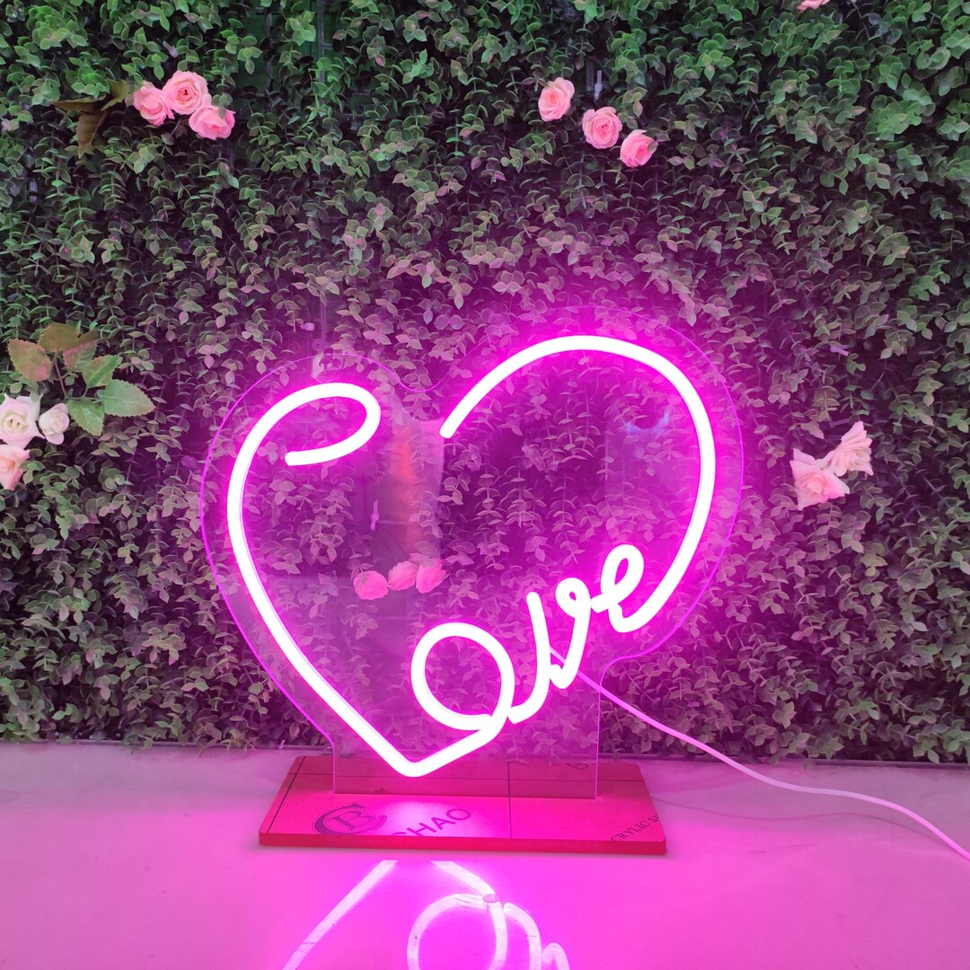 Romantic Neon Love Heart LED Sign With Acrylic Stand, USB Powered ...