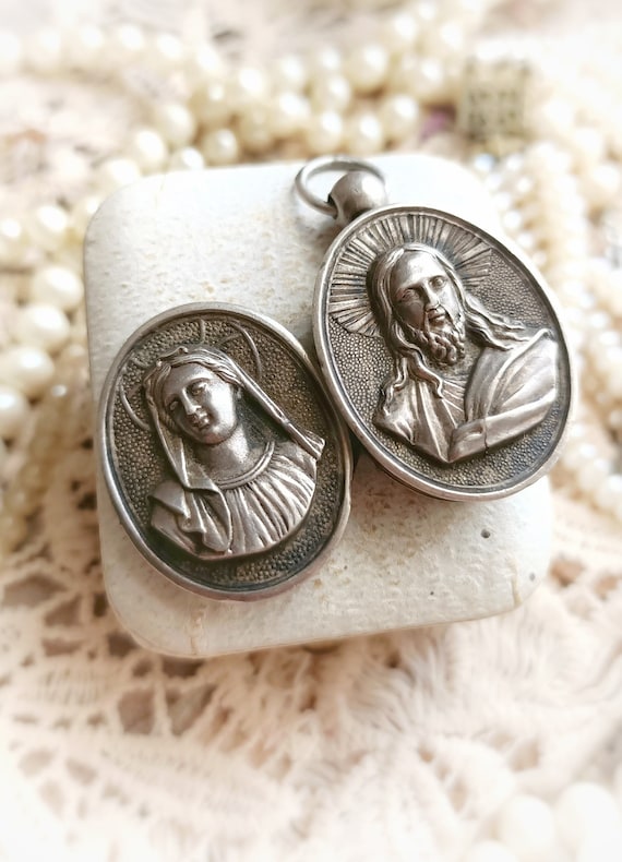 Rare Antique French Virgin Mary Religious Medal Penda… Gem