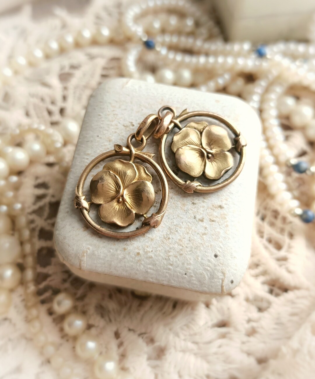 RARE Beautiful French Antique 18k Gold Filled FIX Pansy Pair of Round ...