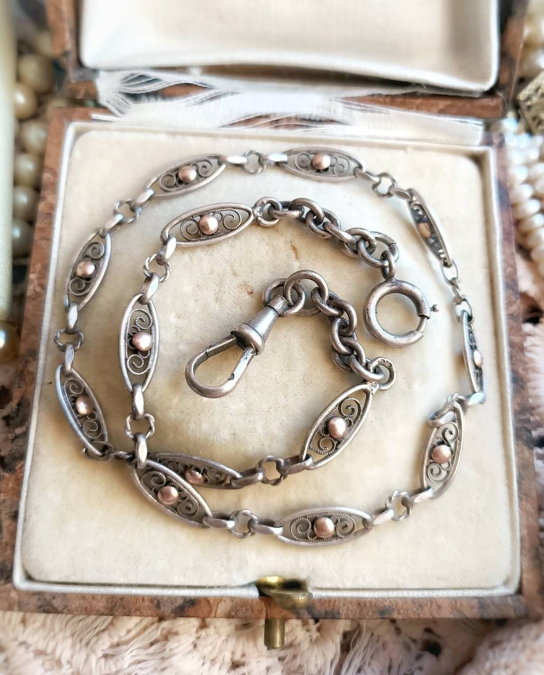 RARE Beautiful Antique French Silver & Rose Gold Pocket Watch Chain ...