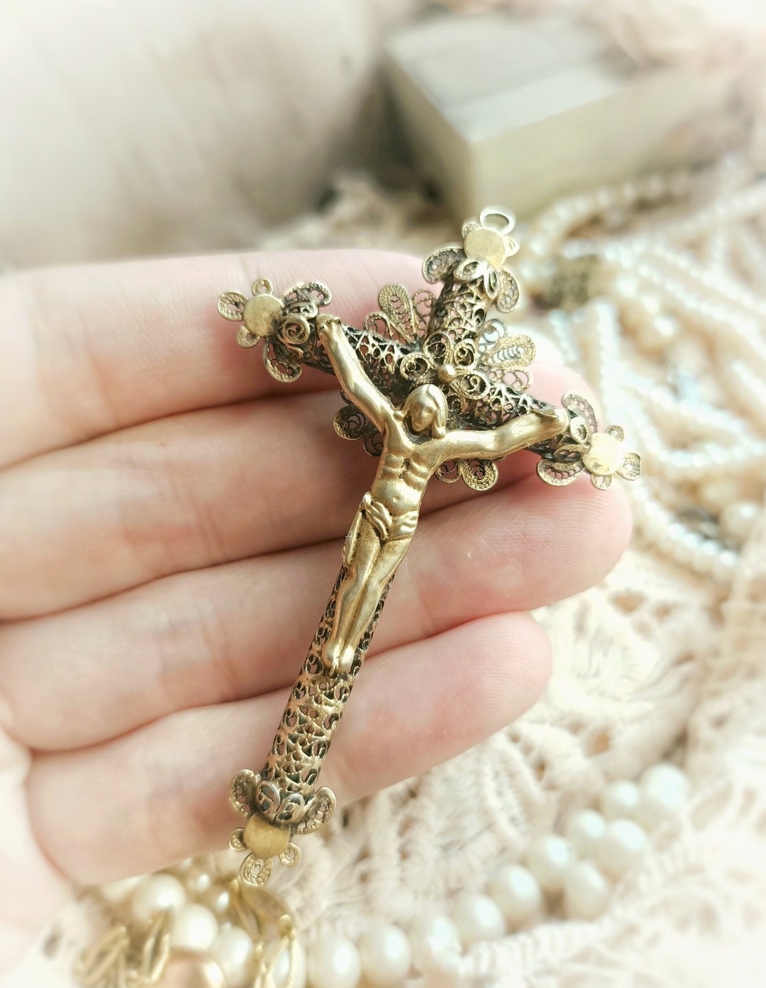 Rare BIG Beautiful French Antique Gold Vermeil Silver Filigree Cross ...