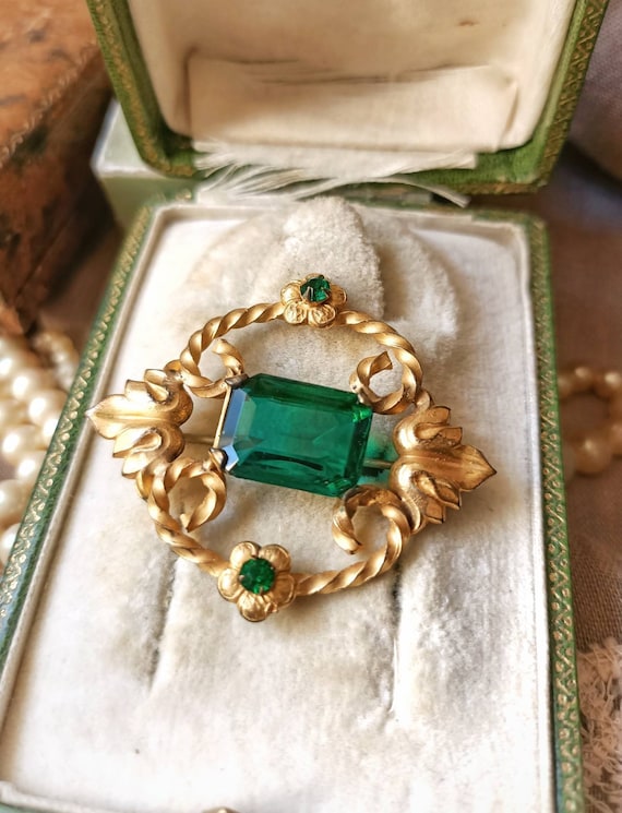 Beautiful Big French Antique Emerald Green Glass Stone Gold | Etsy