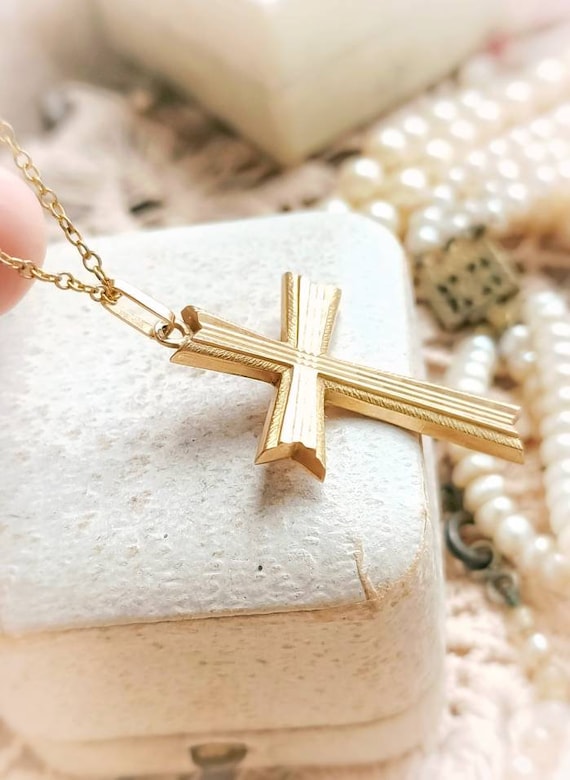 Big French Vintage 18k Gold Shiny Cross Pendant, c196… - Gem