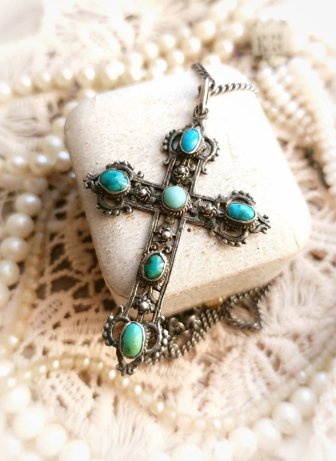 RARE Beautiful Xix-century French Antique Silver & Turquoise Cross on ...