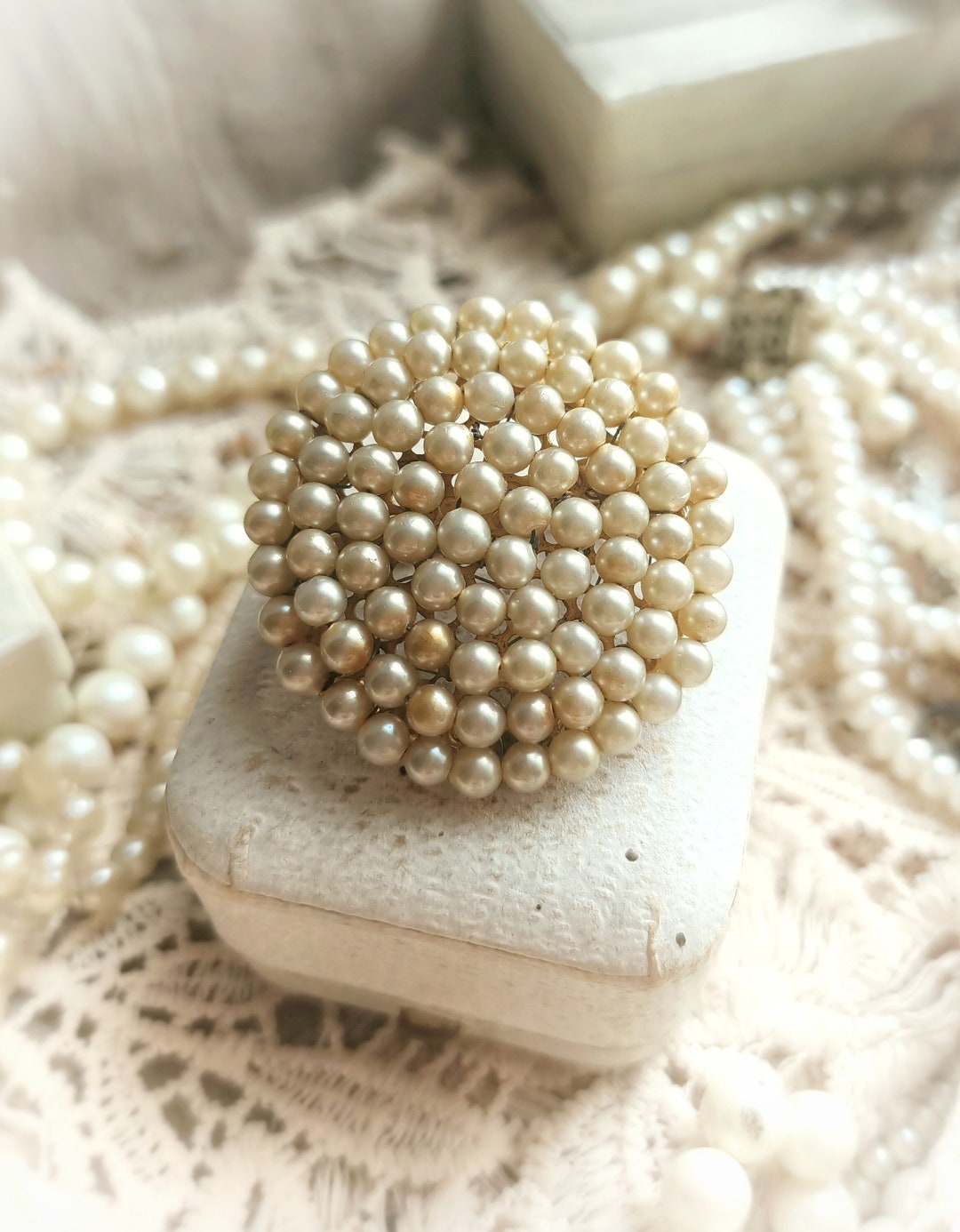 Beautiful Big Antique French 1910s Faux Pearls Brooch, Round Pearl ...