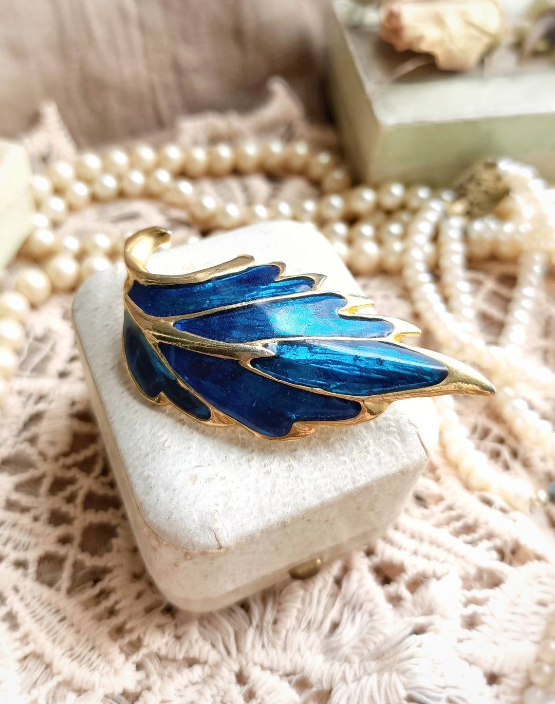 Beautiful French Vintage Vibrant Blue Enamel Gold Tone Metal Leaf ...
