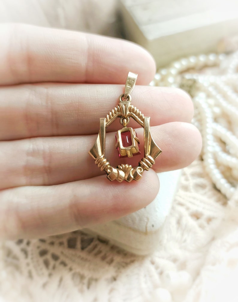 Beautiful French Antique FIX 18k Rose Gold Filled & Ruby Glass Stone ...
