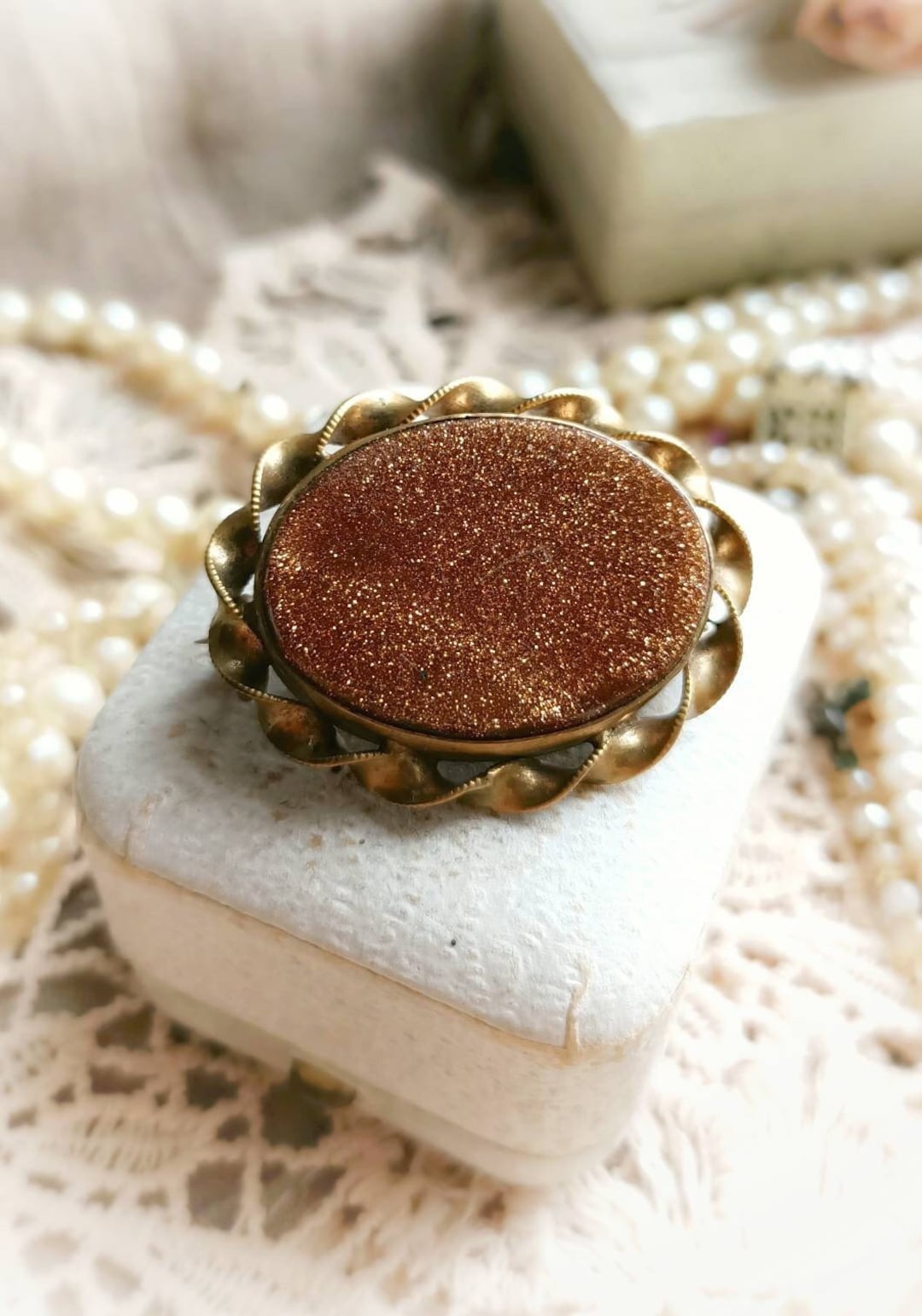 Beautiful Antique French Xix-century Goldstone Glass Ornate Gold Tone ...