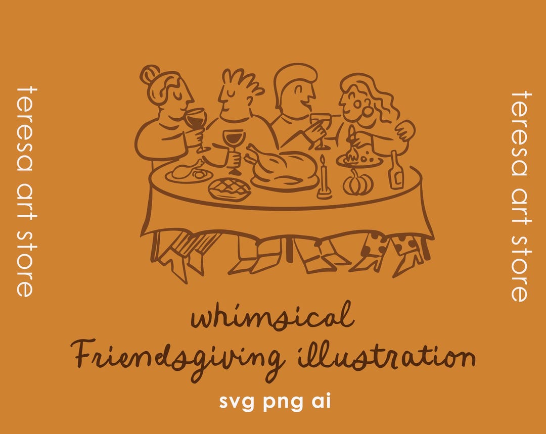 Whimsical Friendsgiving Illustration in SVG, Funky Hand Drawn ...