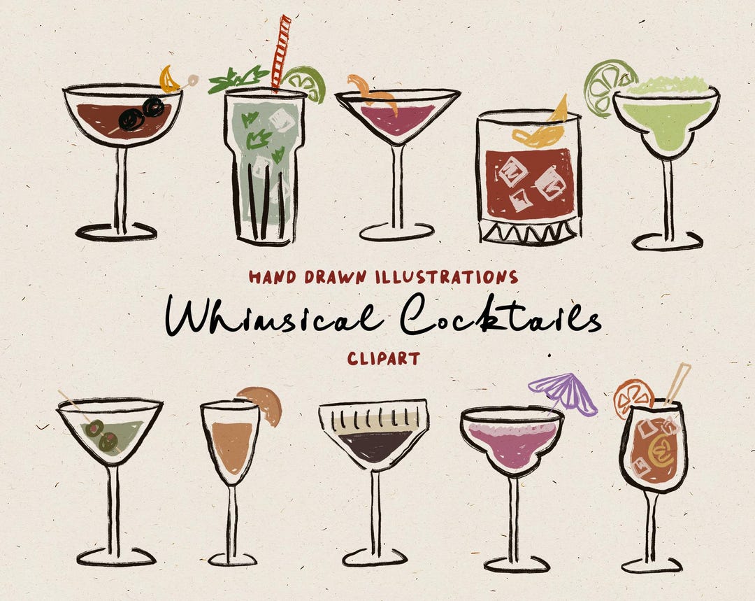 Hand Drawn Cocktails Drawings in Whimsical Style, Rehearsal Dinner ...