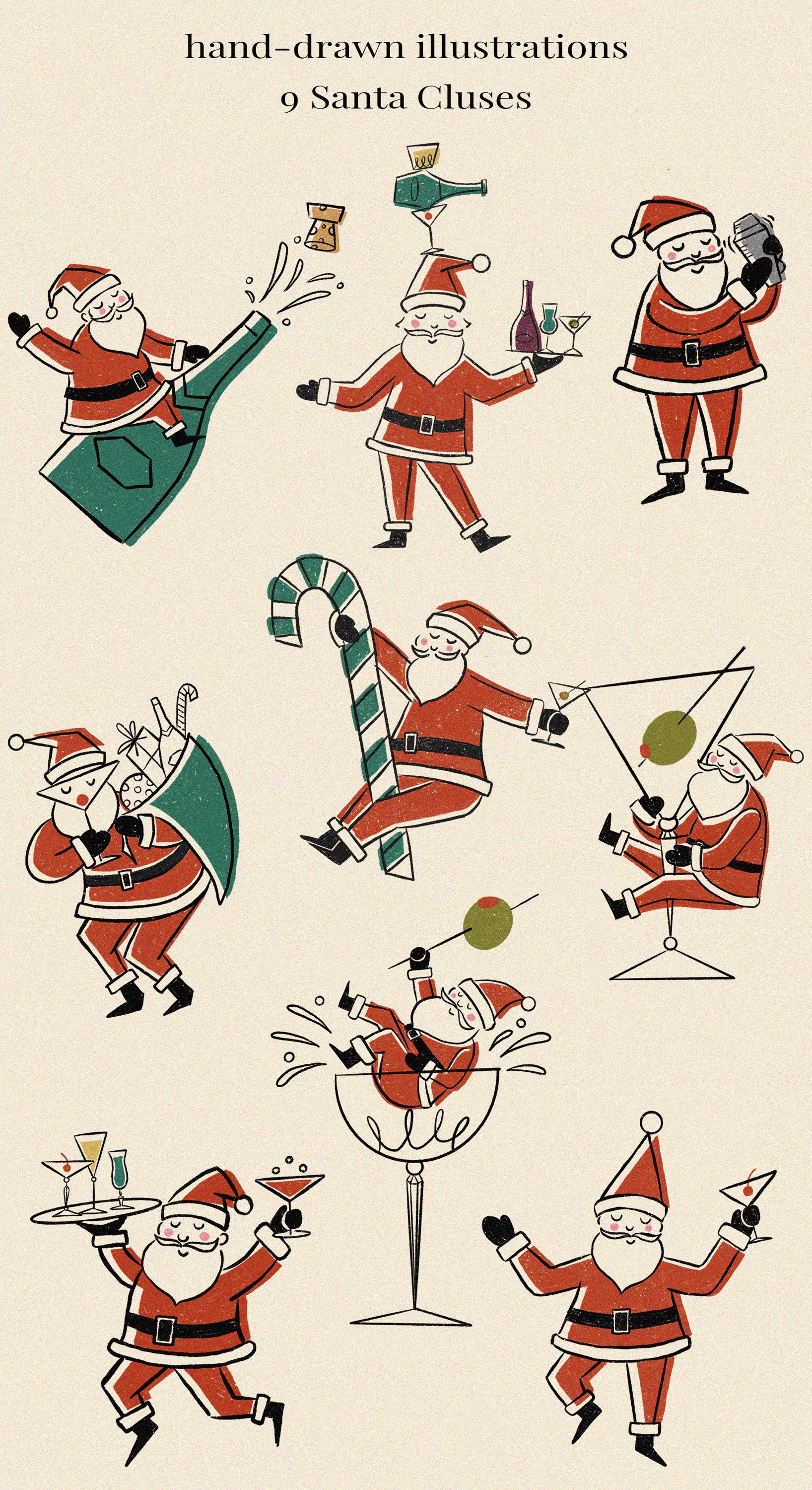 Hand Drawn Illustrations of Santa Martini Cocktail Clipart in Vintage ...