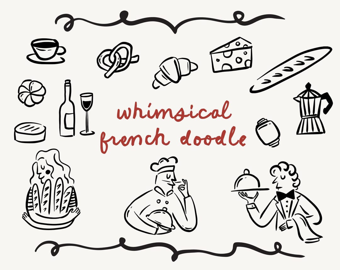 Whimsical French Doodle Illustration, Hand Drawn France Dinner Party ...