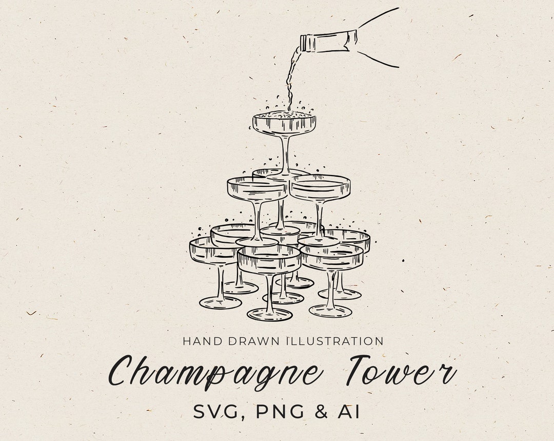 Wedding Champagne Tower Card in SVG, Hand Draw Champagne Pyramid PNG ...