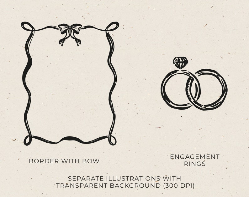Hand Drawn Engagement Rings and Wedding Bow Frame Illustrations in SVG ...