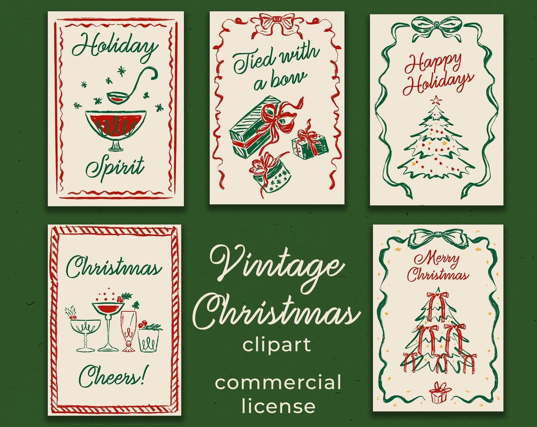 Hand Drawn Vintage Christmas Clipart in SVG Format, Whimsical Christmas ...