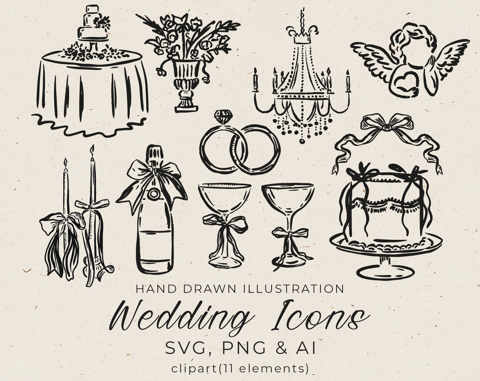 Hand Drawn Wedding Icons in SVG, Wedding Illustrations Clipart Editable ...