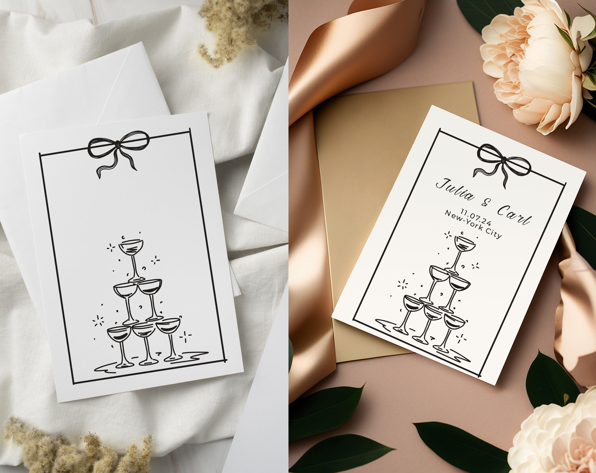 Champagne Tower Illustration for Wedding Invitation Card, Champagne ...