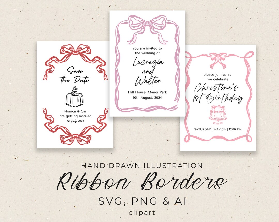 Hand Drawn Wedding Ribbon Border With Bow Clipart in SVG, Editable in ...