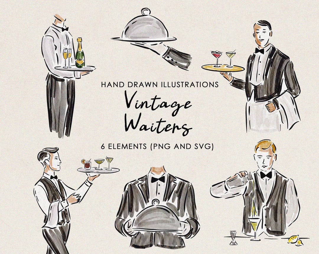 Hand-drawn Watercolor Illustrations of Waiters and Bartenders, Cocktail ...