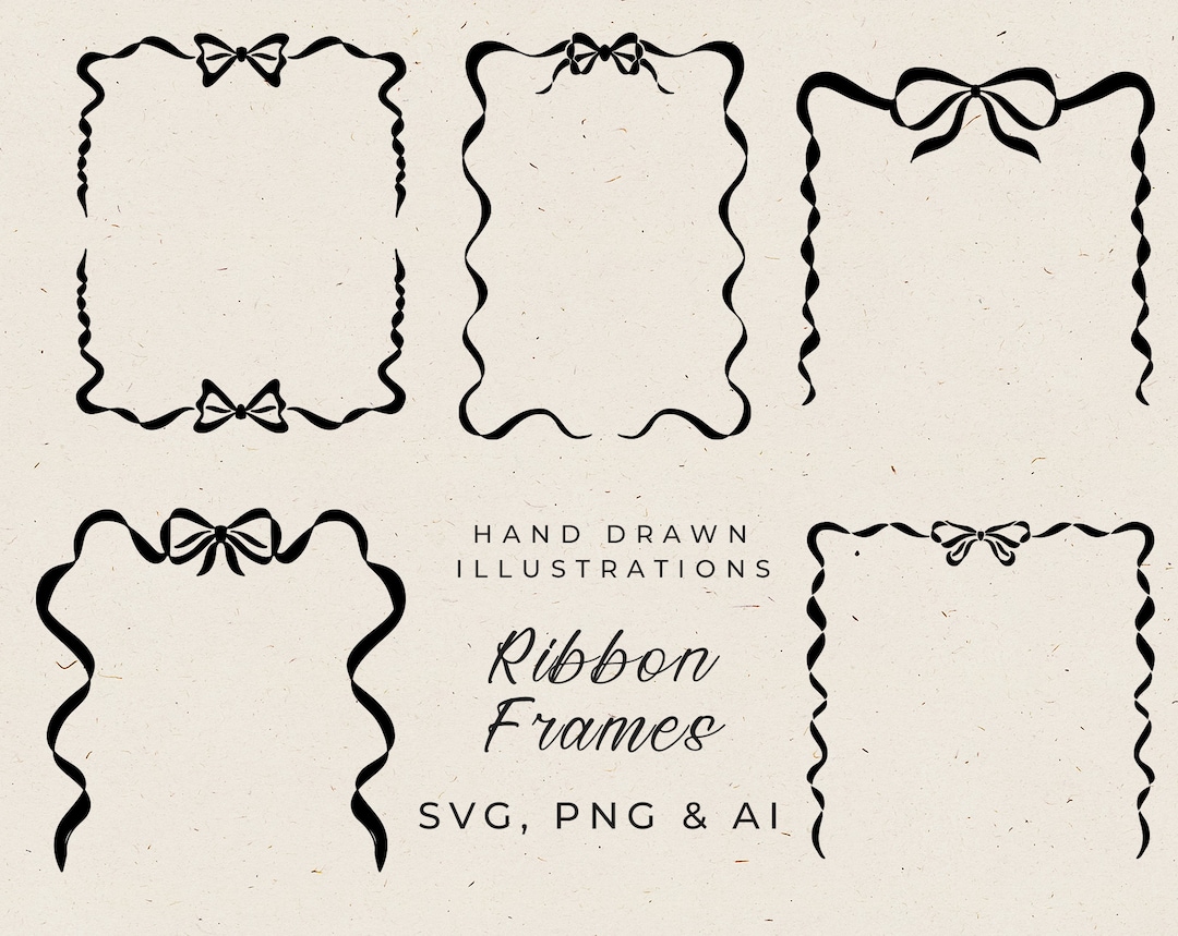 Hand Drawn Frame Borders With Bow, Wedding Invitation Ribbon Borders in ...