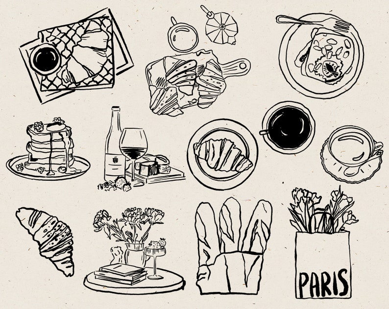 Hand Drawn French Food and Beverages in Whimsical Style, Rehearsal ...