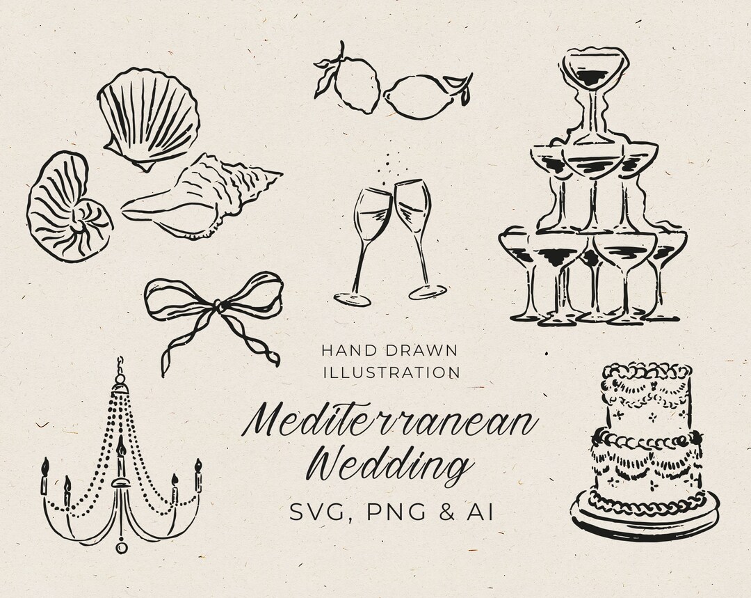 Hand Drawn Italian Wedding Clipart in SVG, Champagne Tower Illustration ...