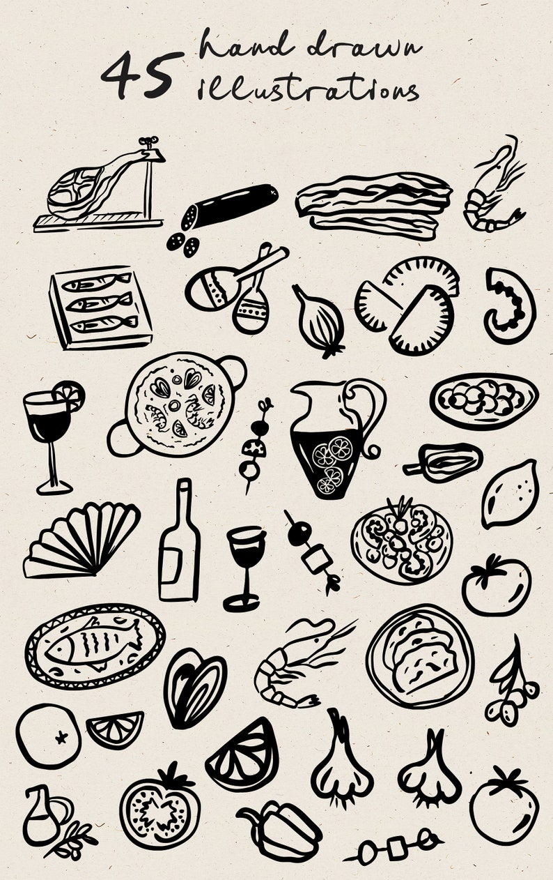 Hand Drawn Spanish Food Doodle Bundle, Food Illustration in Whimsical ...