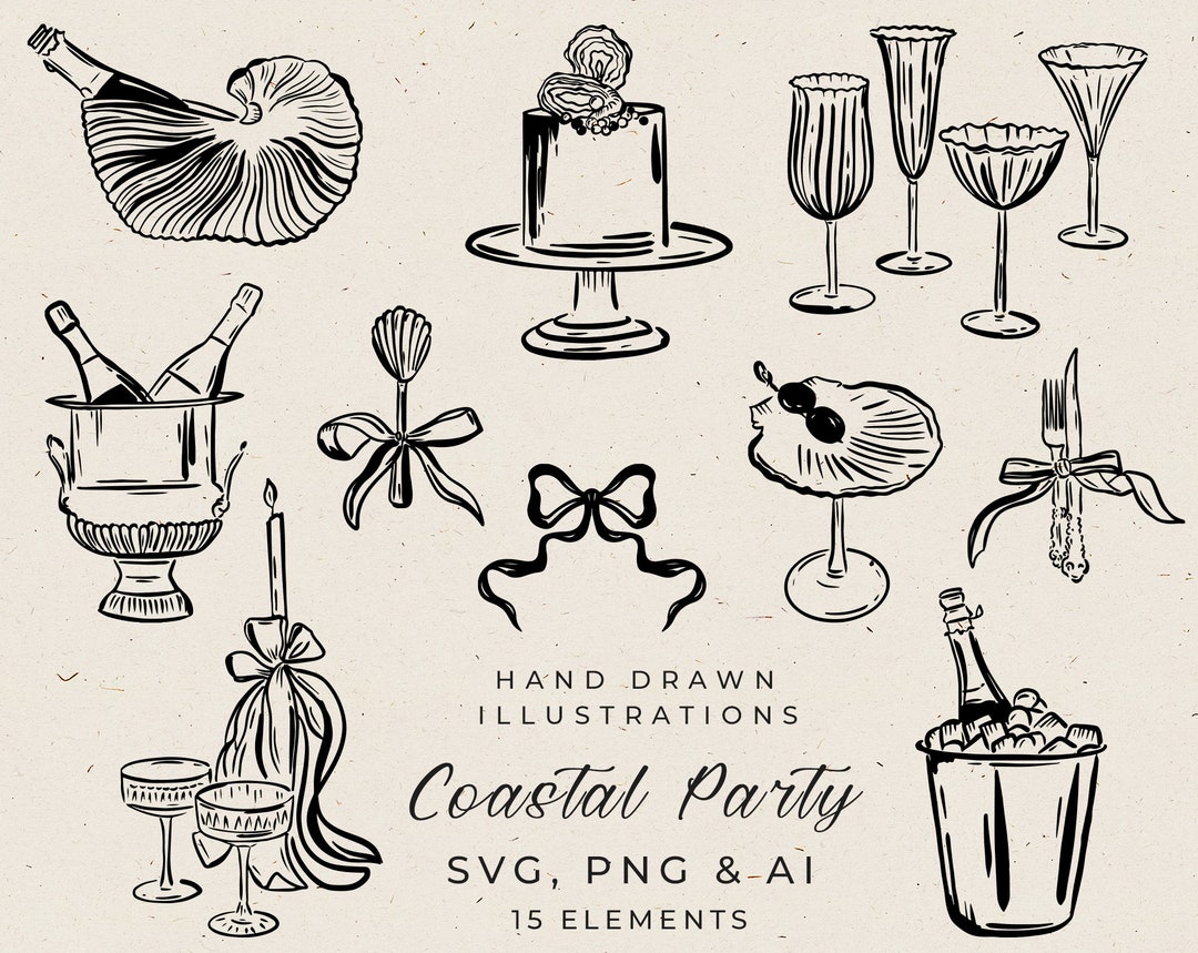 Hand Drawn Coastal Bachelorette Party Illustrations, Wedding Icons ...