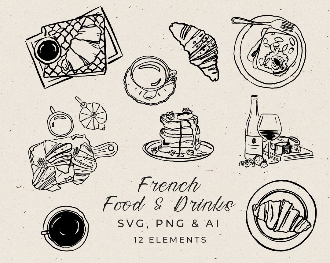 Hand Drawn French Food and Beverages in Whimsical Style, Rehearsal ...