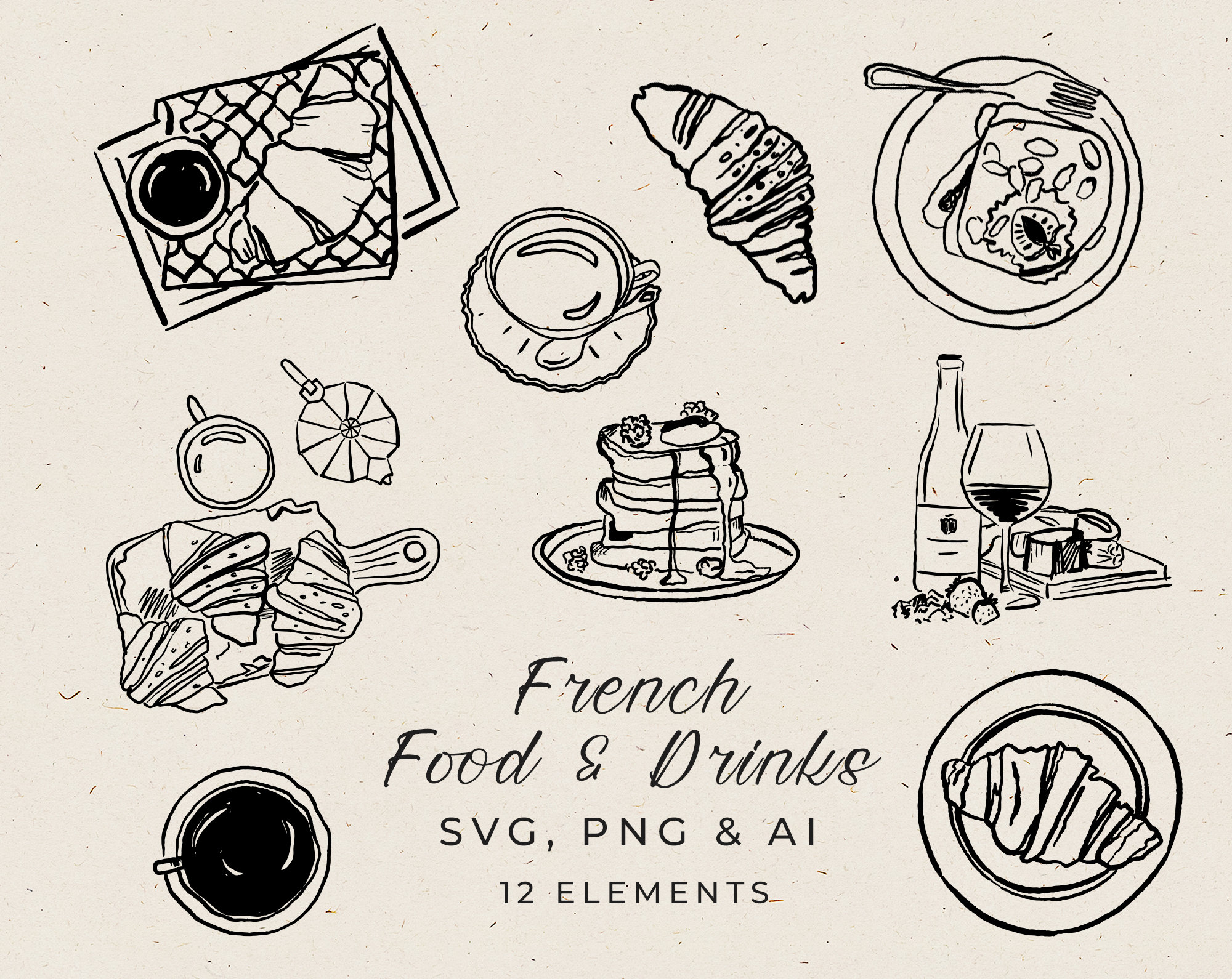 Hand Drawn French Food and Beverages in Whimsical Style, Rehearsal ...
