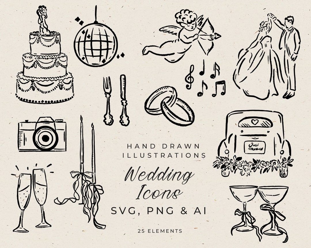 Hand Drawn Wedding Icons Clipart in SVG, Wedding Doodle Whimsical ...