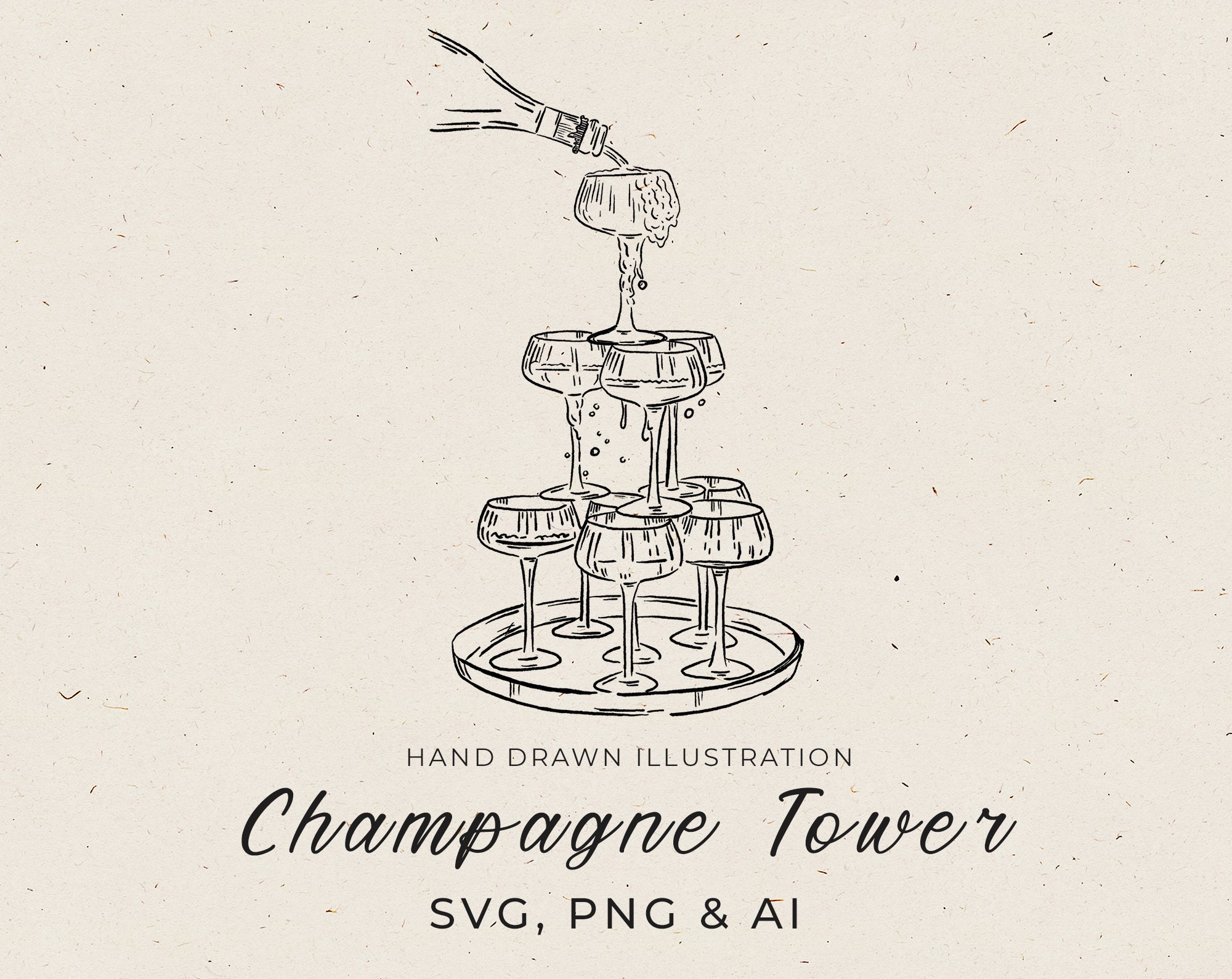 Pouring Champagne Tower Illustration in SVG, Hand Drawn Wedding ...