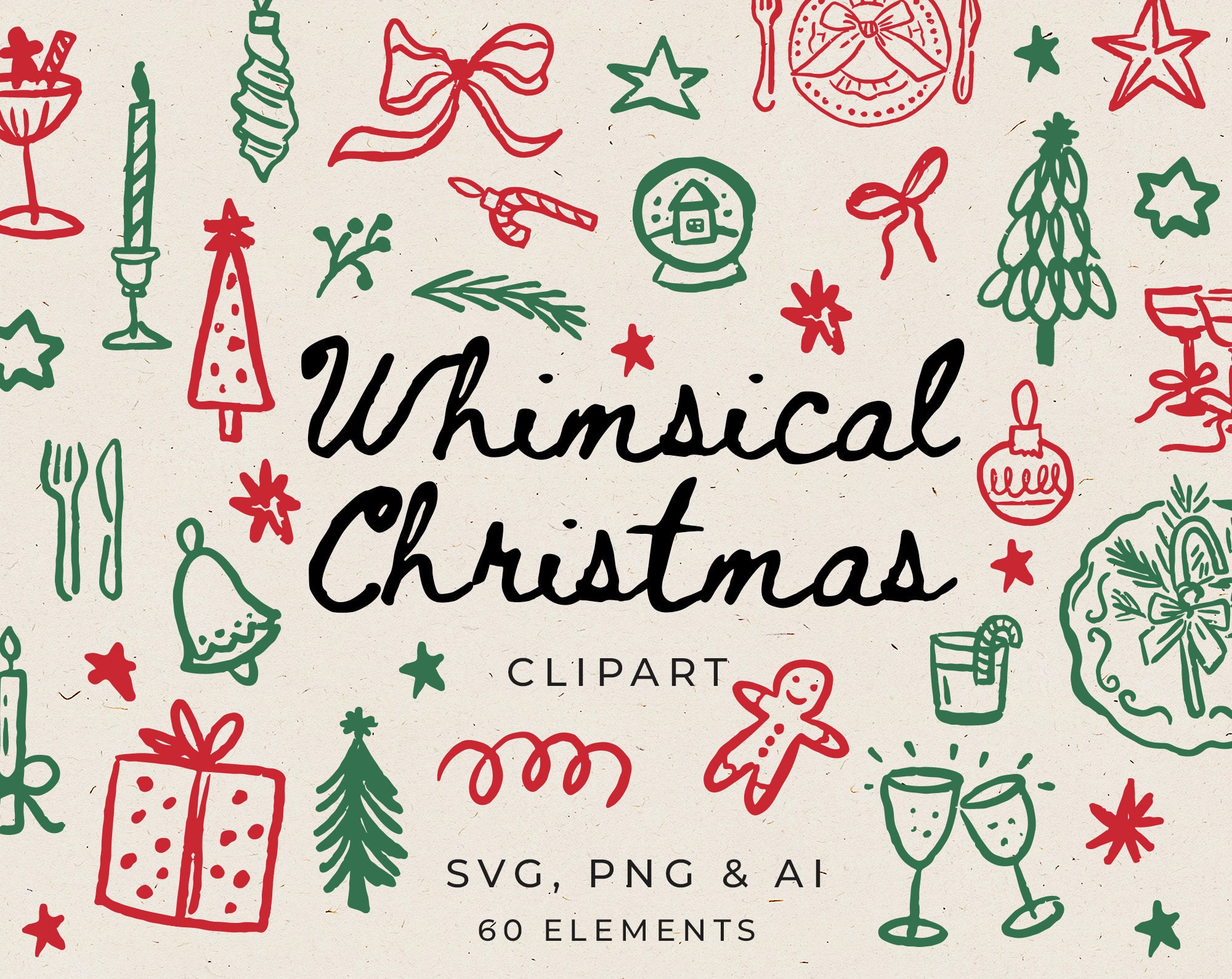 Hand Drawn Whimsical Christmas Clipart in SVG, Winter Doodle Bundle ...