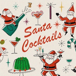 Hand Drawn Illustrations of Santa Martini Cocktail Clipart in Vintage ...