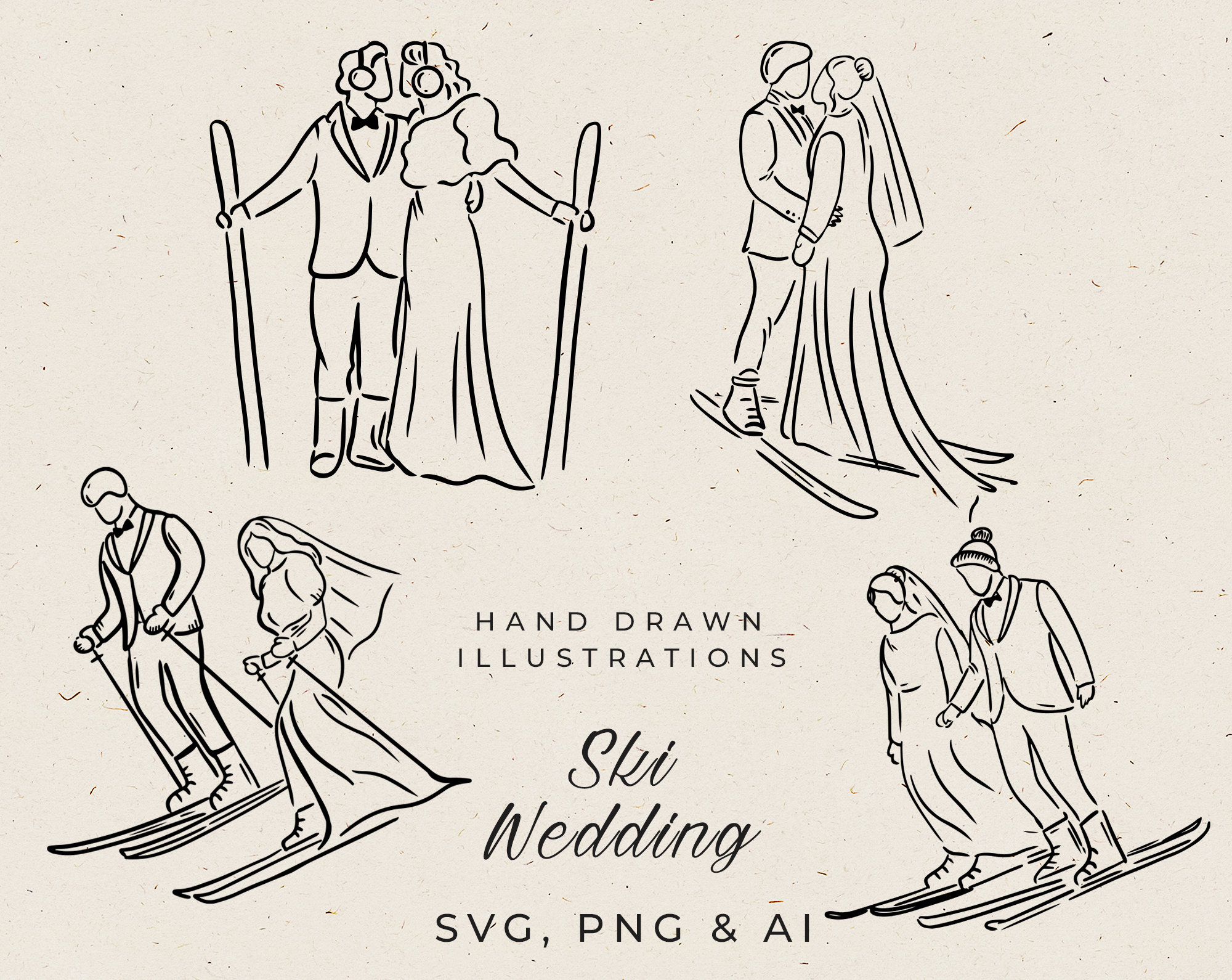 Wedding Ski Couple Silhouette Sketch in SVG, Bride and Groom ...