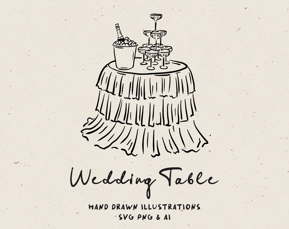 Hand Drawn Wedding Table With Champagne Tower Illustration in Whimsical ...