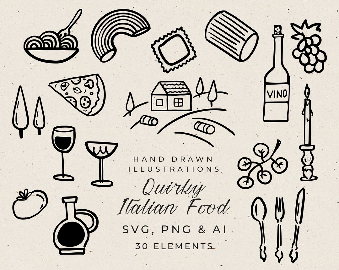Hand Drawn Italian Dinner Illustrations in Whimsical Style, Rehearsal ...