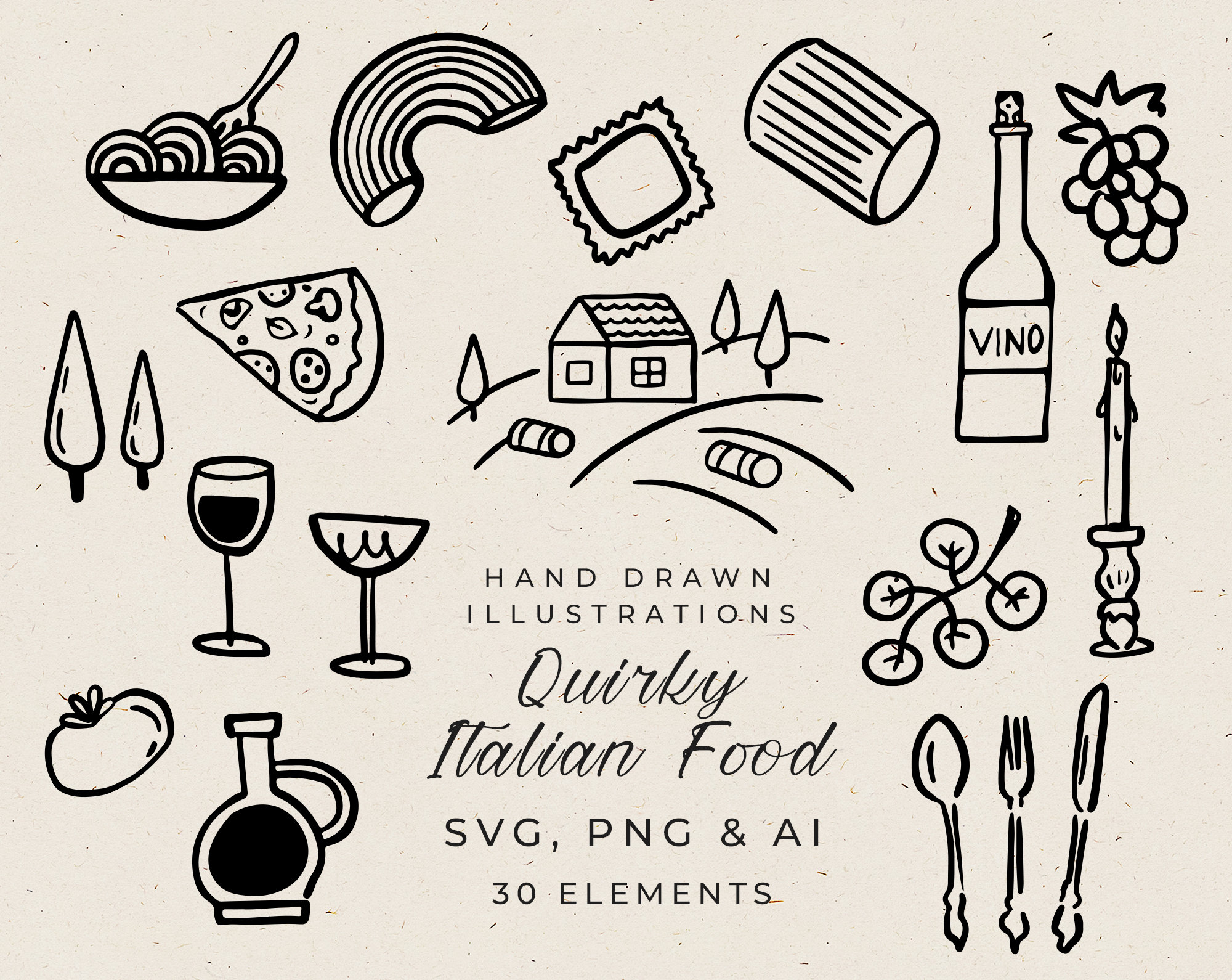 Hand Drawn Italian Dinner Illustrations in Whimsical Style, Rehearsal ...