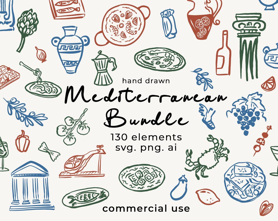 Hand Drawn Mediterranean Food Doodle Bundle in Whimsical Style, Greeceб ...